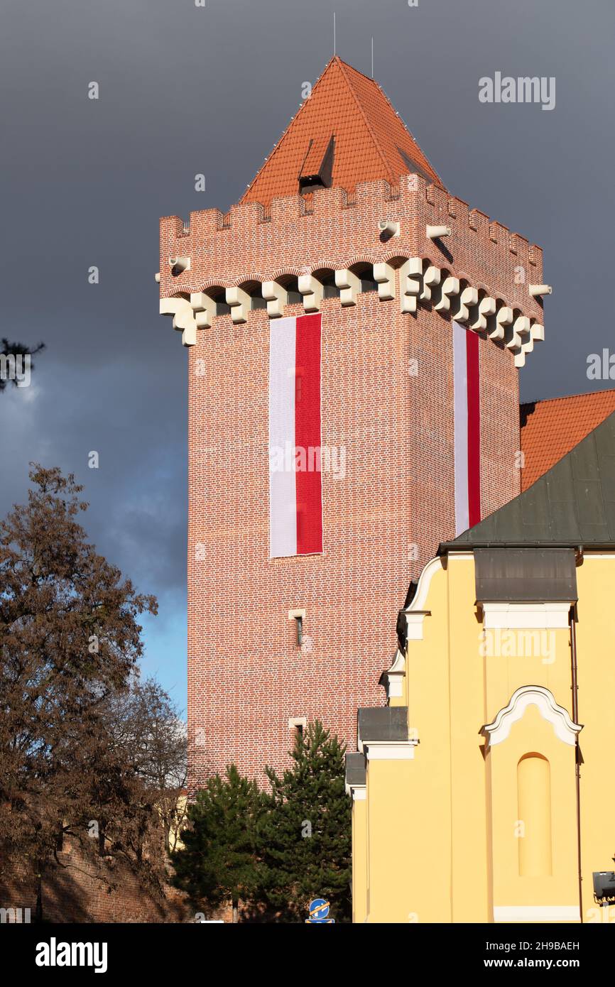 Rebuilt Royal Castle on the „Hill of Przemysl” with polish flag, Poznan ...