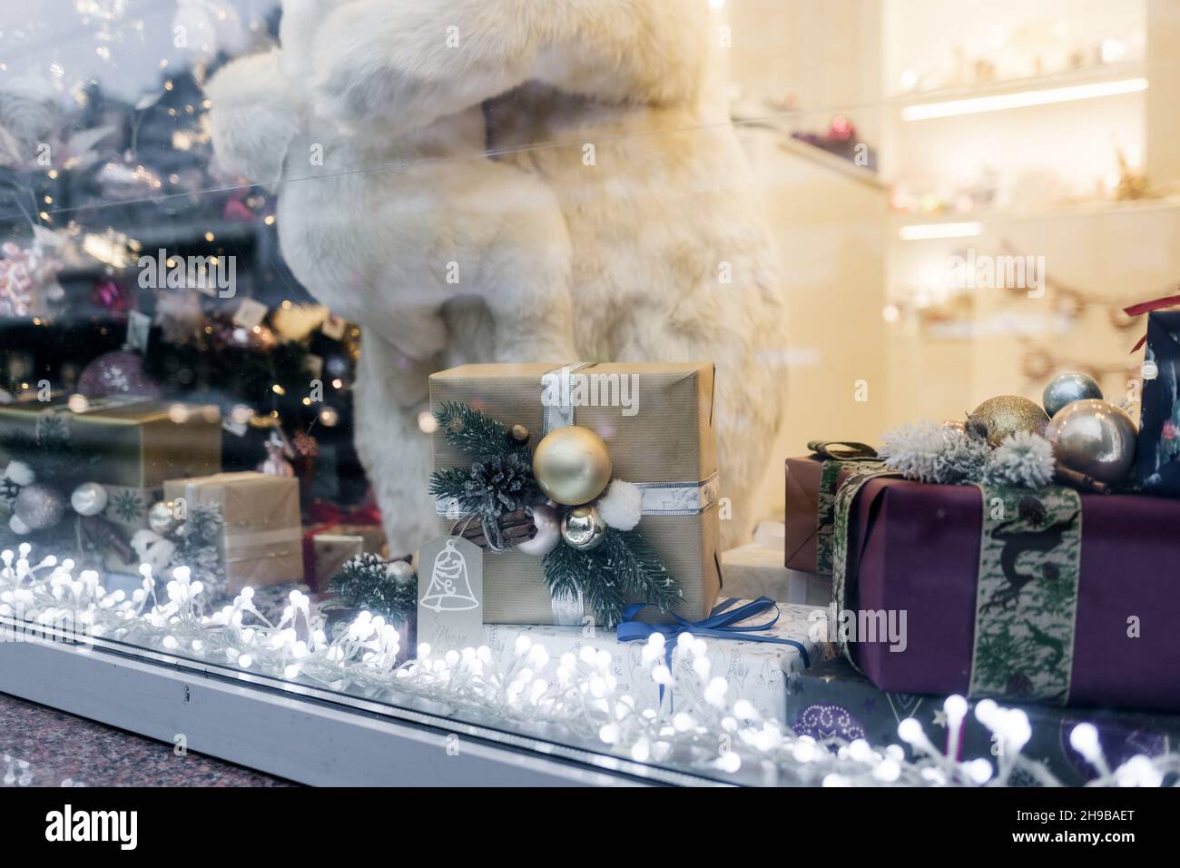 decorated shop window for Christmas. holiday decor and gift boxes Stock ...
