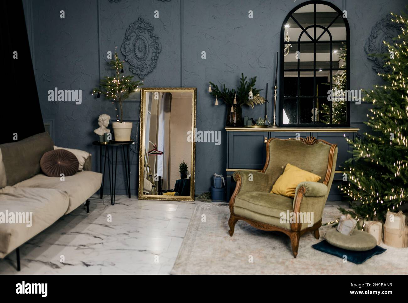 Christmas tree background. New year interior with spruce Stock Photo ...