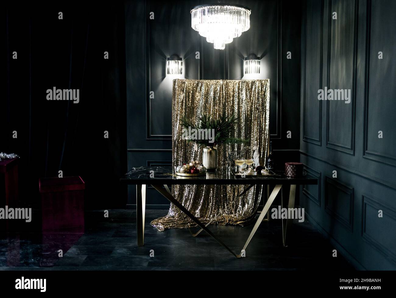 Interior of living room in loft style with festive christmas ...