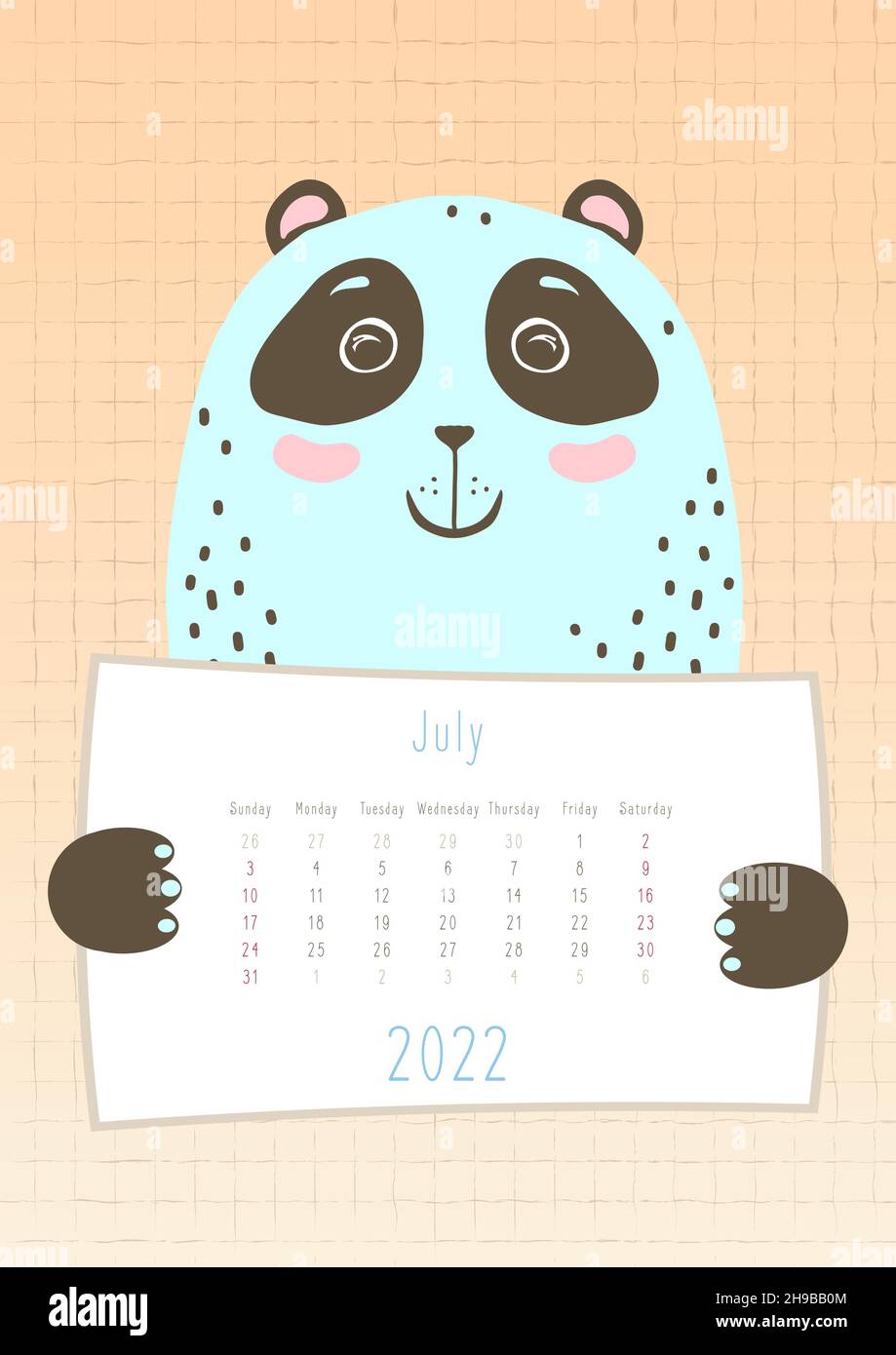 2022 july calendar, cute panda animal holding a monthly calendar sheet ...