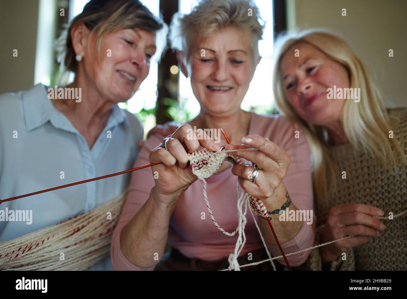 Happy senior women friends having fun knitting together indoors at home ...