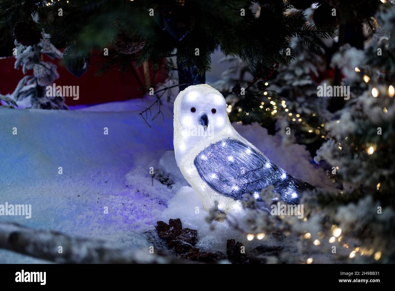 Lighted Owl Decoration for Christmas. Festive mood Stock Photo - Alamy