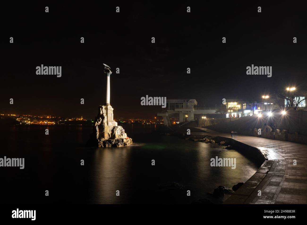 Sevastopol, Crimea, January 11, 2020. Night city landscape with lights ...