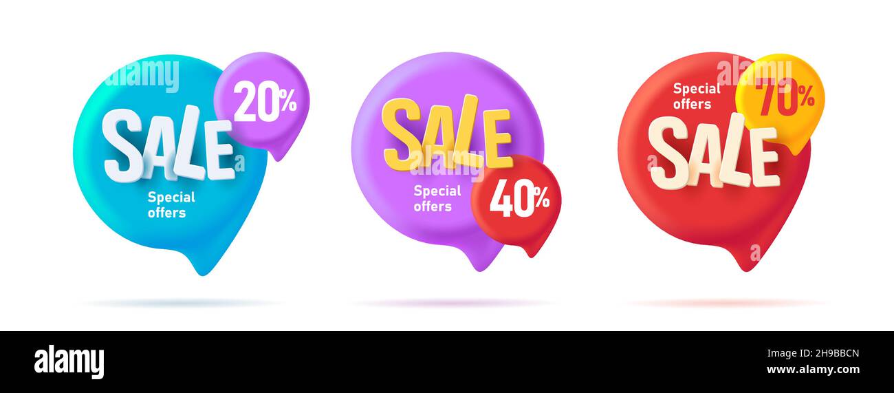 Set of 3d speech bubbles tags illustration with discounts, colorful ...