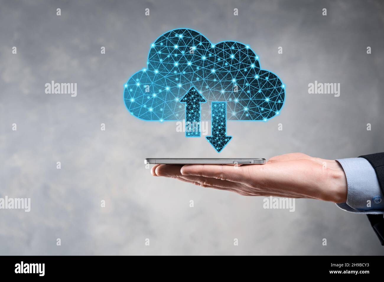 Cloud technology. Polygonal wireframe cloud storage sign with two ...