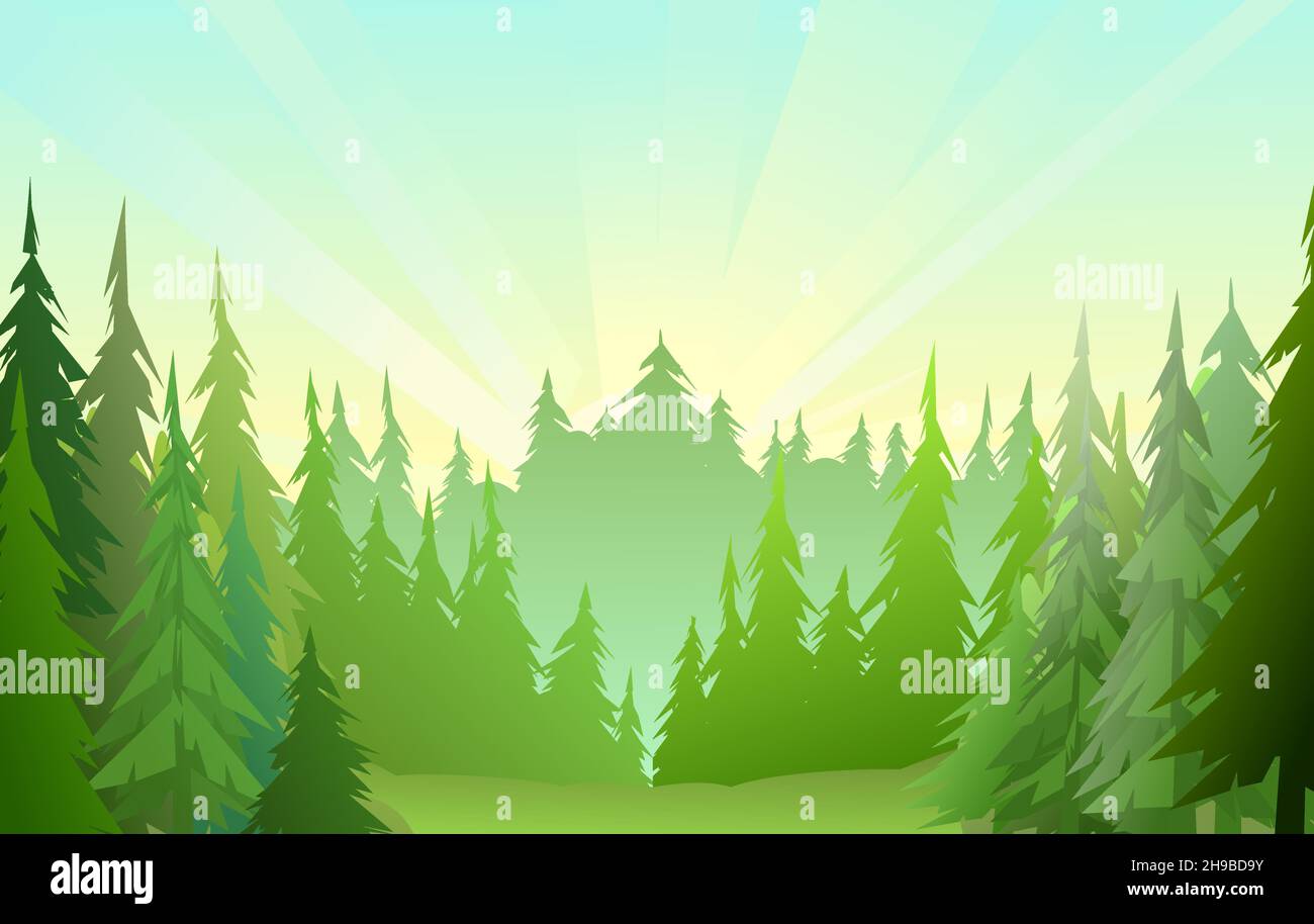 Sunrise due to coniferous forest on the horizon. Cute funny floral ...