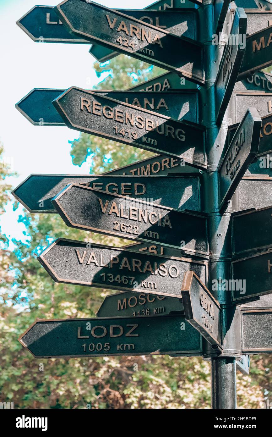 Direction street sign showing distance between cities in Odessa Ukraine ...