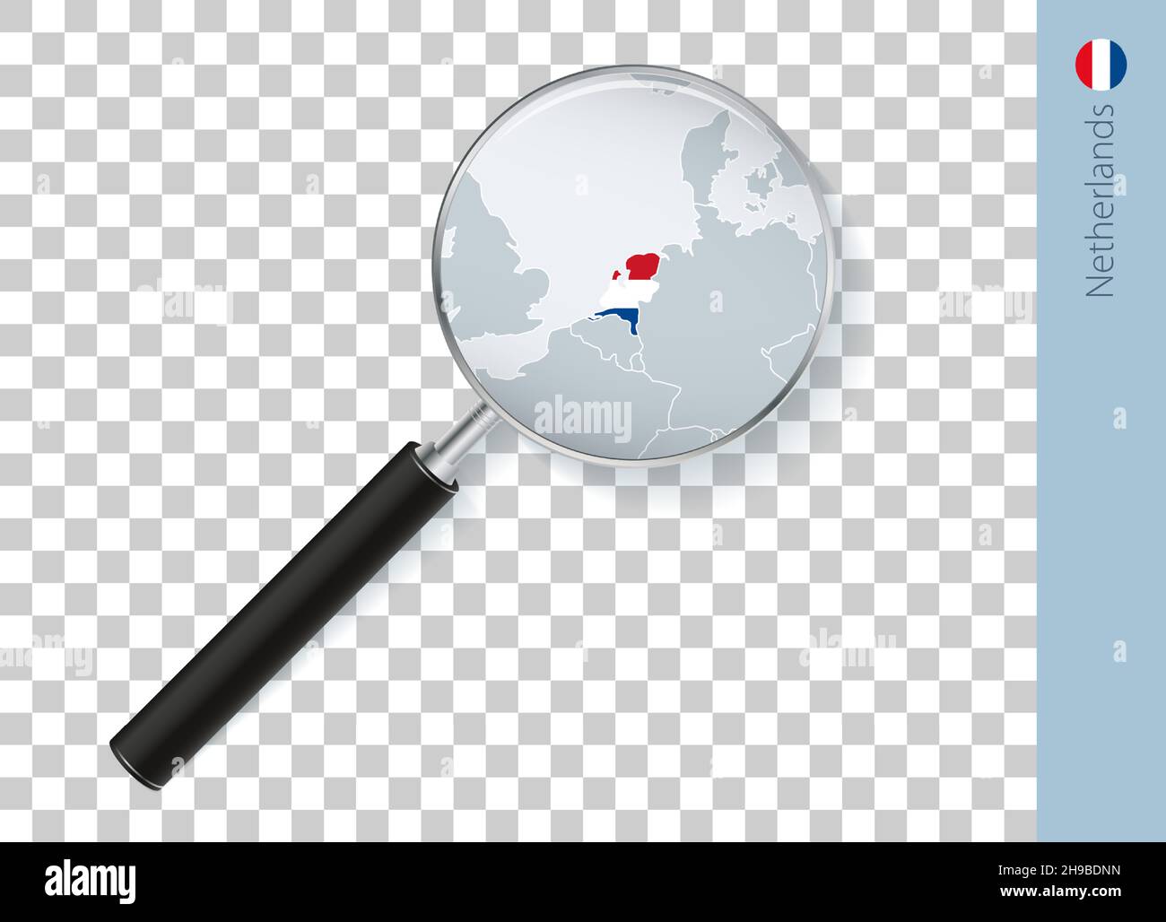 Netherlands map with flag in magnifying glass on transparent background ...