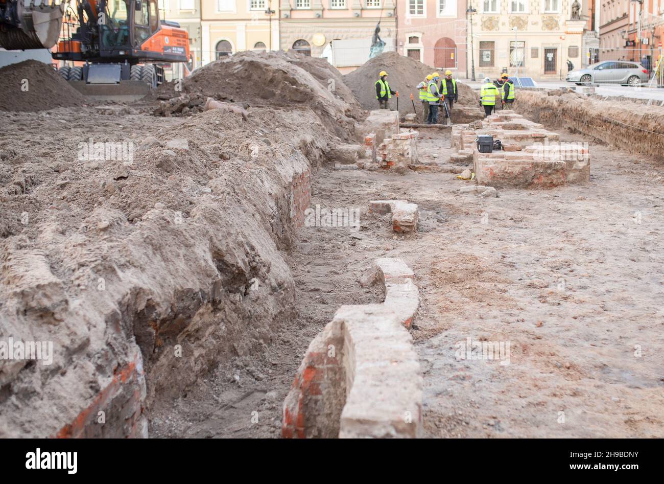 Poznan, Poland - Excavation work on the market square, fragments of old ...