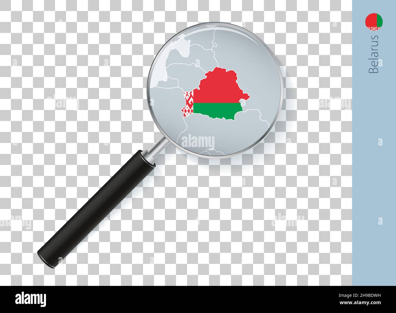 Belarus map with flag in magnifying glass on transparent background. Vector loupe with map Stock ...