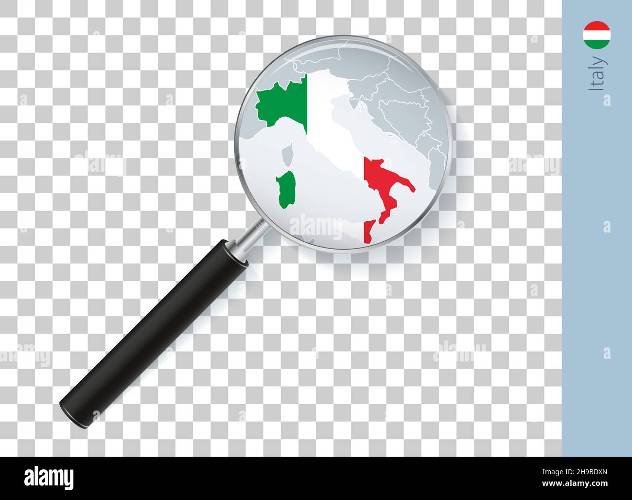 Italy map with flag in magnifying glass on transparent background ...