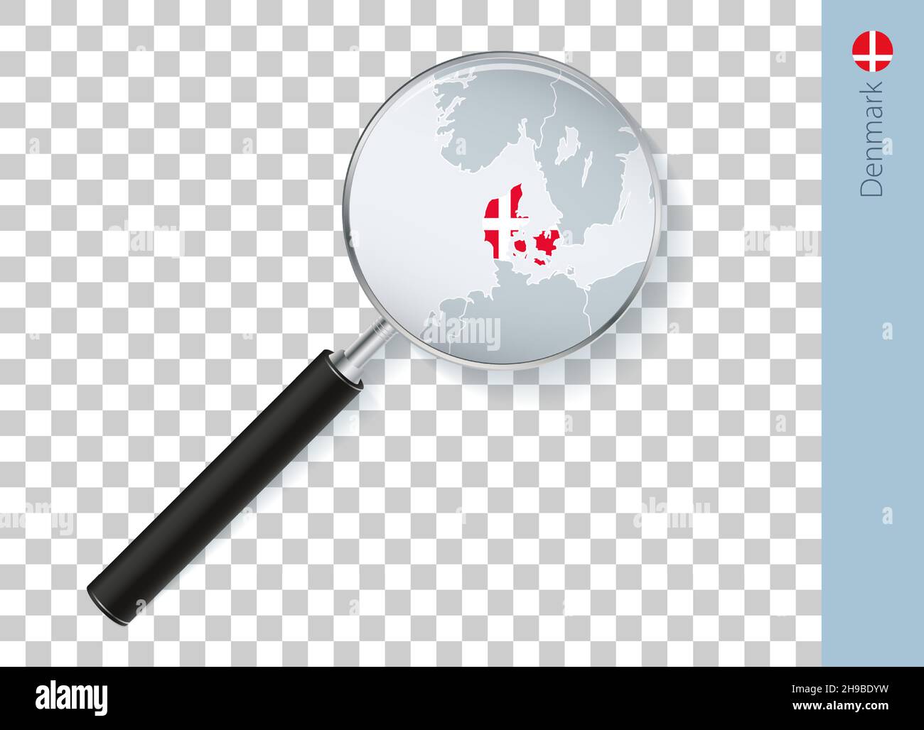Denmark map with flag in magnifying glass on transparent background. Vector loupe with map Stock ...