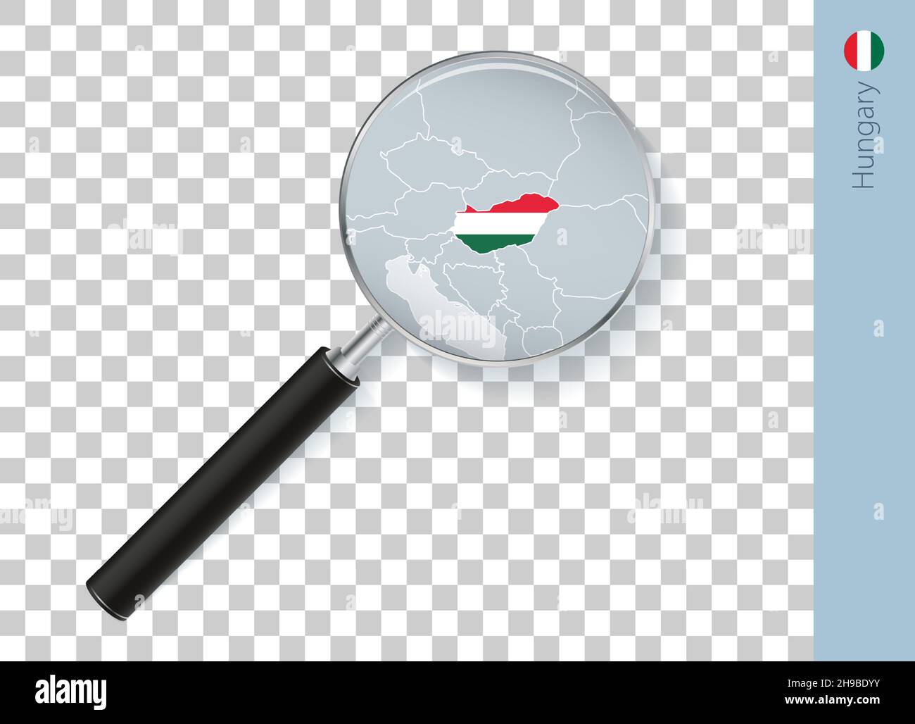 Hungary map with flag in magnifying glass on transparent background. Vector loupe with map Stock ...