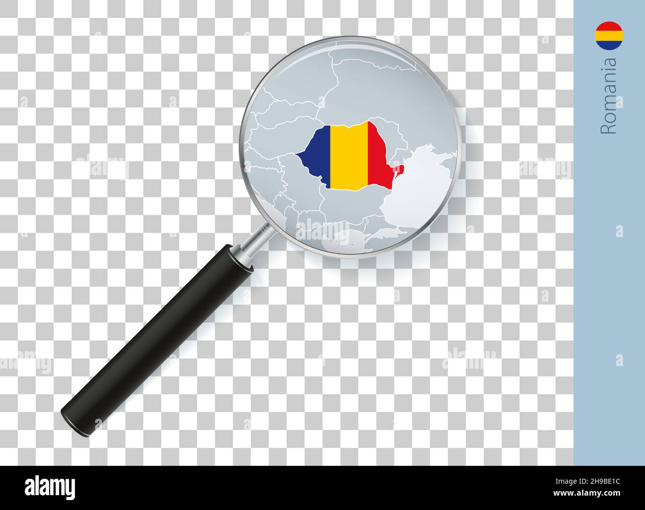 Romania map with flag in magnifying glass on transparent background ...
