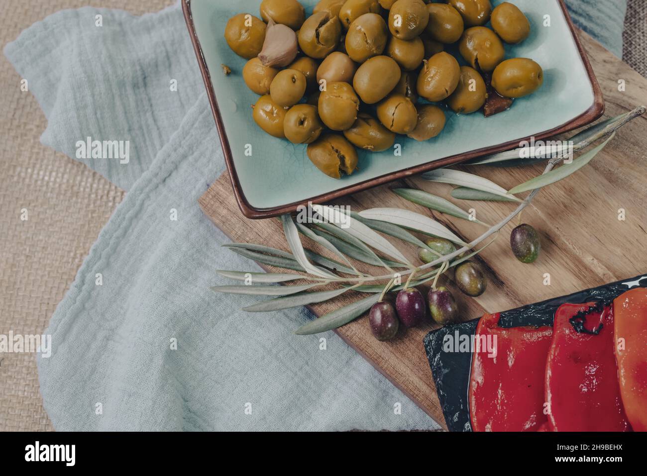 Tapas on Crusty Bread - Selection of Spanish tapas served on a sliced ...