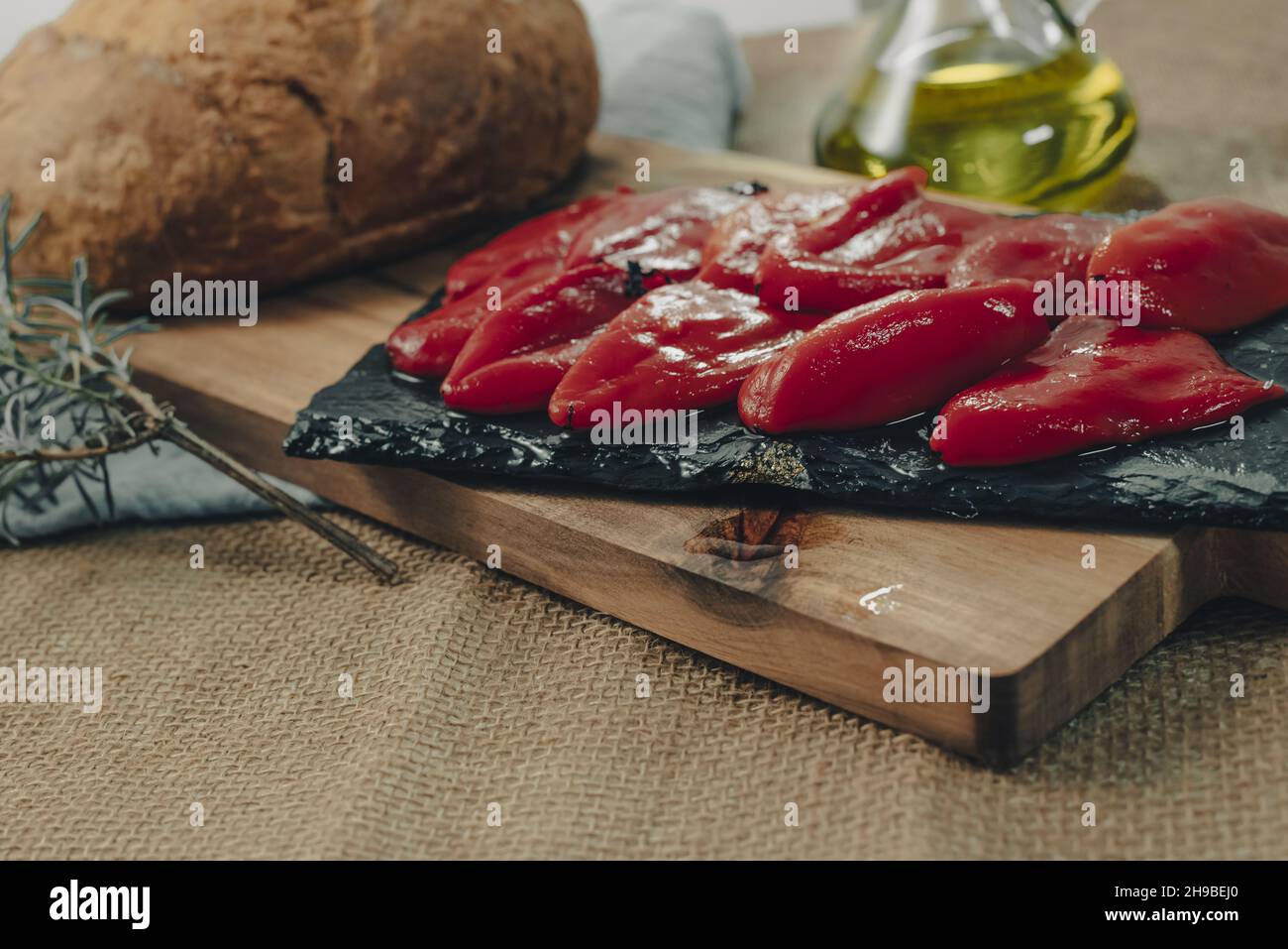 Tapas on Crusty Bread - Selection of Spanish tapas served on a sliced ...
