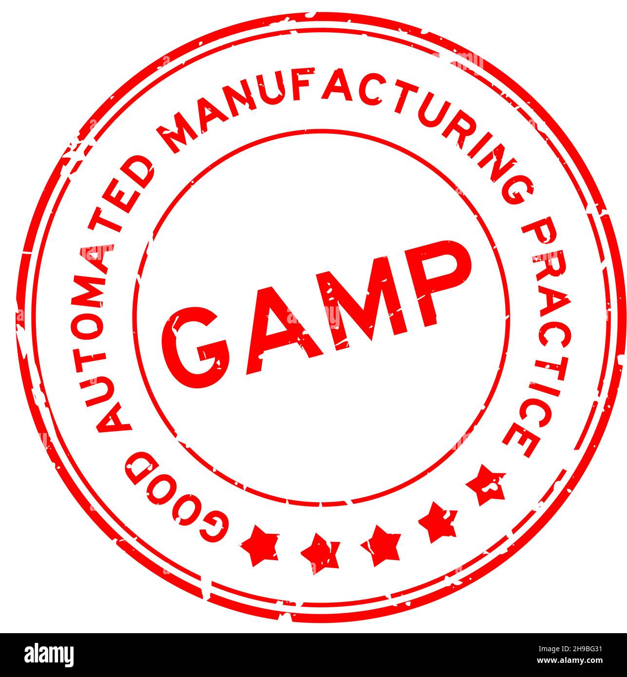 Grunge red GAMP Good Automated Manufacturing Practice word round rubber seal stamp on white ...