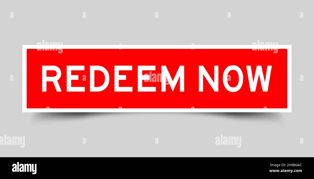 Square label banner with word redeem now in red color on gray ...