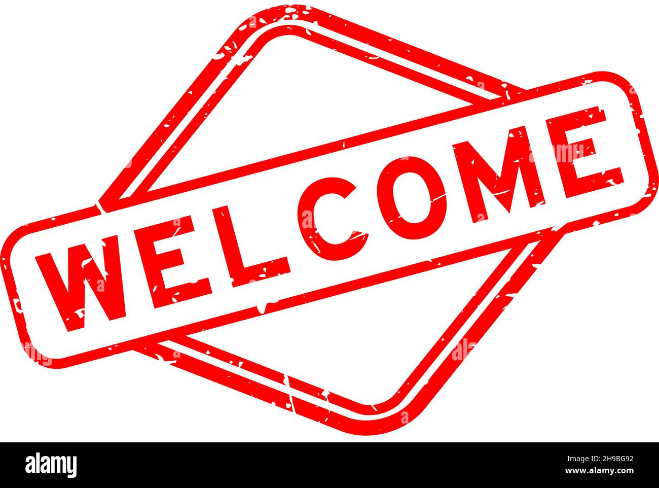 Grunge red welcome word rubber square seal stamp on white background ...