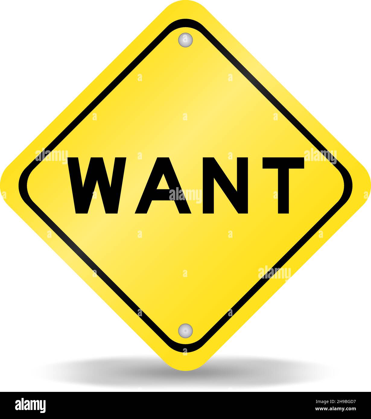 Yellow color transportation sign with word want on white background ...