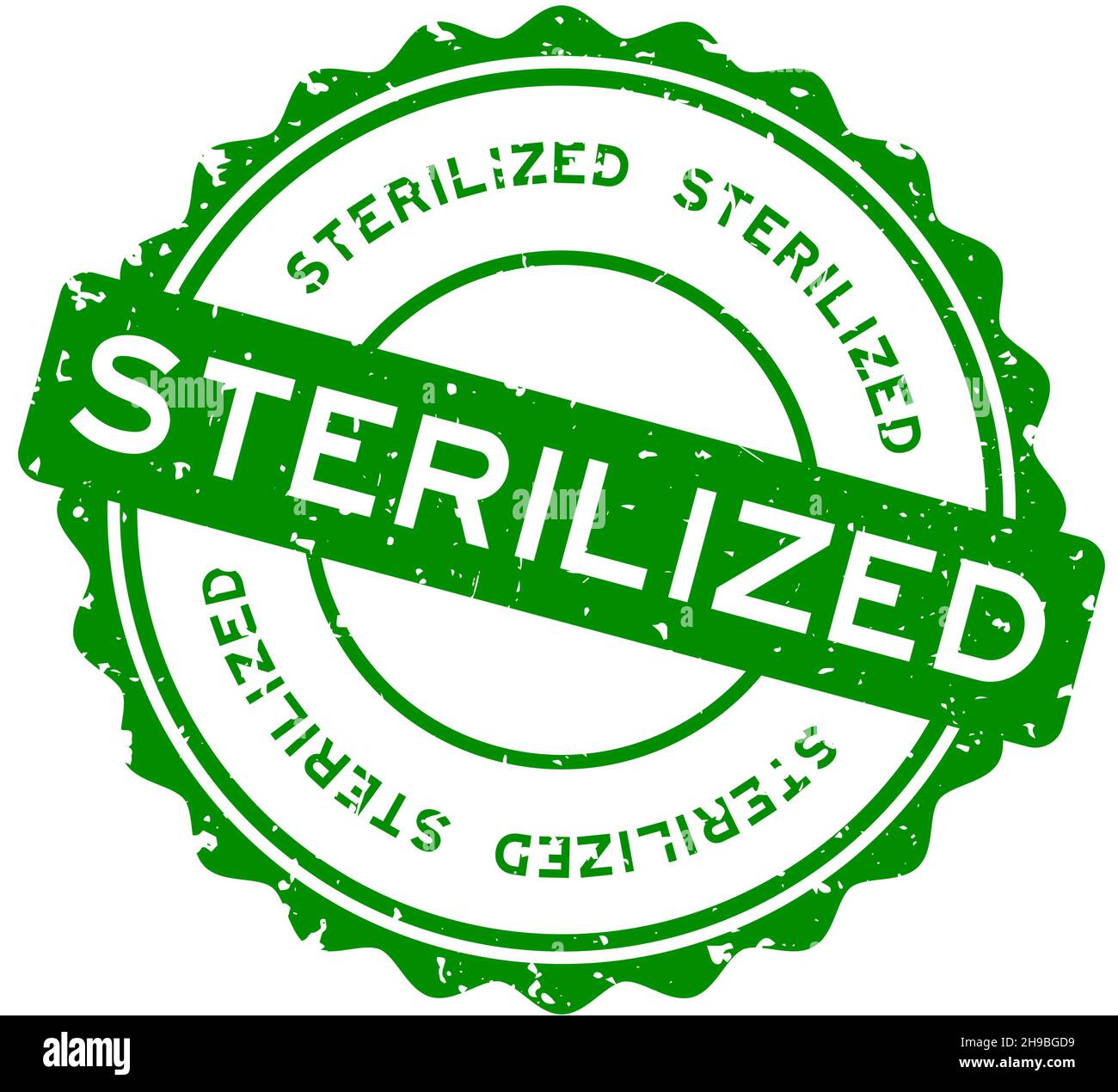 Grunge green sterilized word round rubber seal stamp on white ...