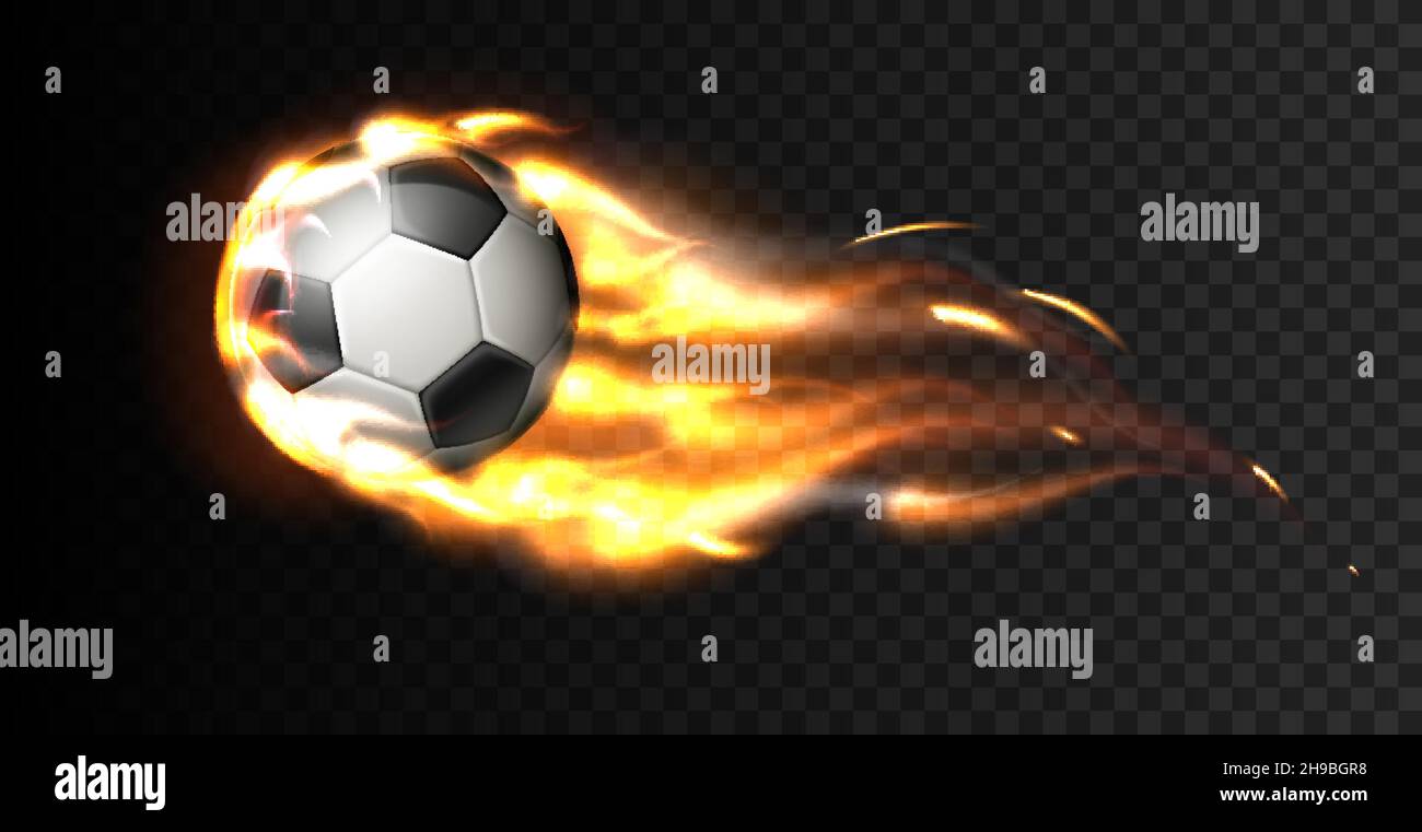 Burning ball. Realistic soccer flying ball with fire trail behind ...