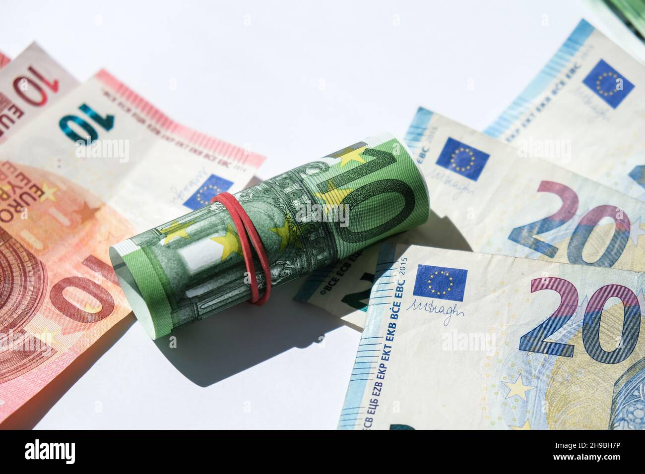 Close up of Euro money roll. Euro banknote set cash money - EU currency ...