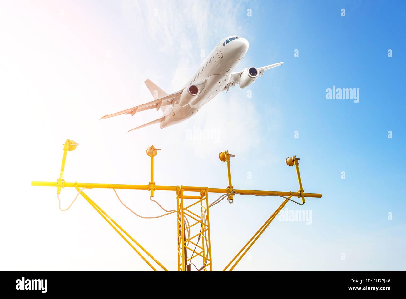 Airport approach landing lights. Airplane on the glide slope. Take off ...