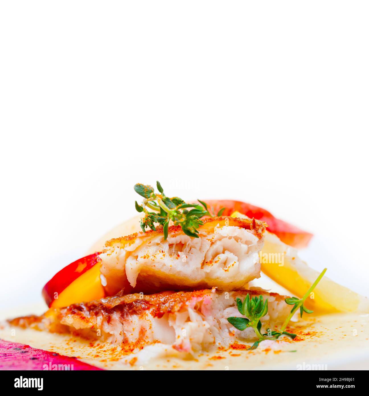 sea bream orata fillet butter pan fried with fresh peach prune and ...