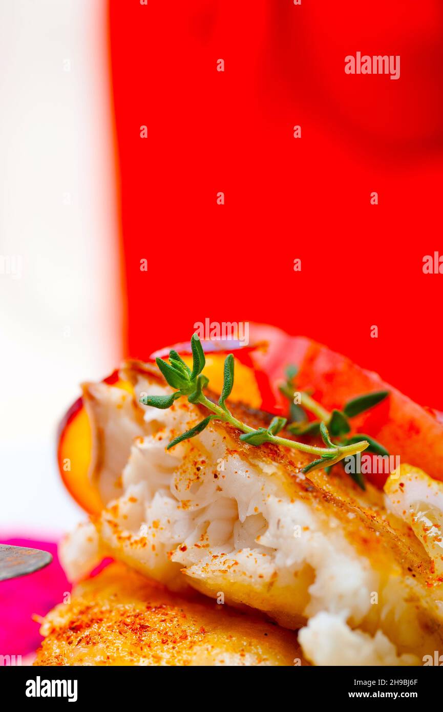 sea bream orata fillet butter pan fried with fresh peach prune and ...