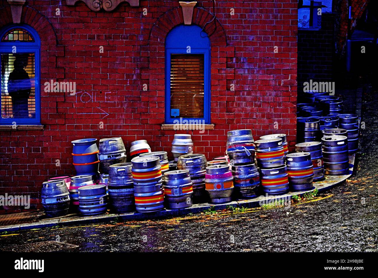 Empty aluminium beer kegs barrels outside the Tyne pub at Ouseburn ...