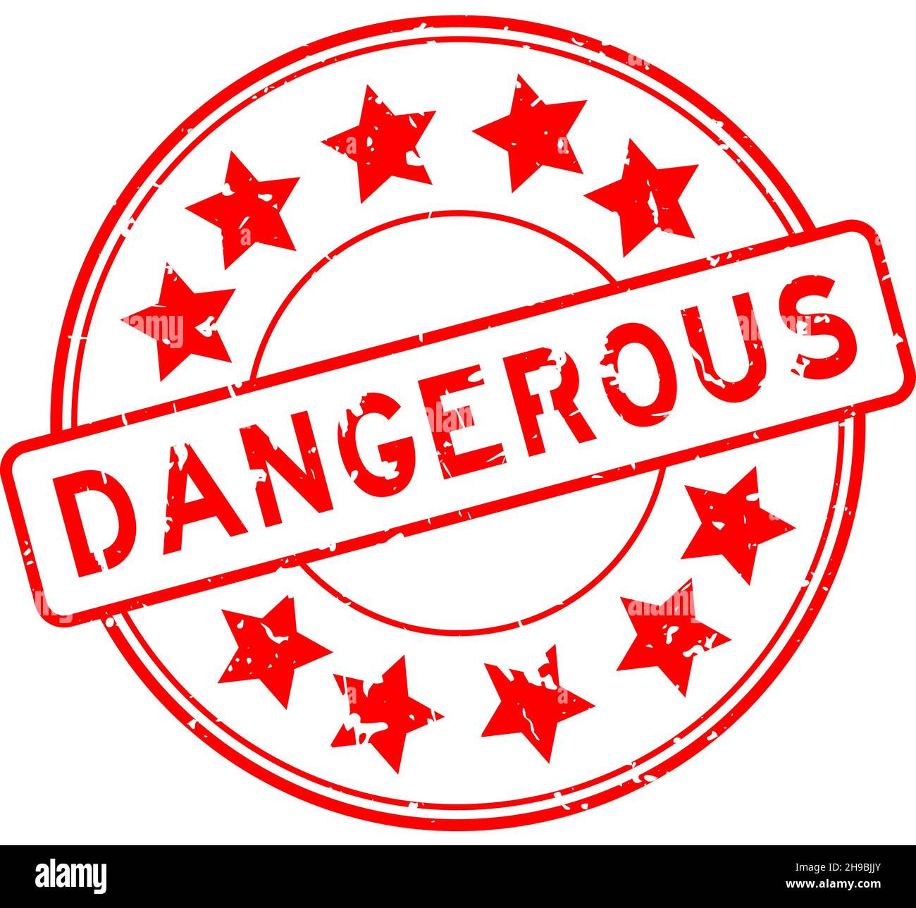 Grunge red dangerous word with star icon round rubber seal stamp on ...