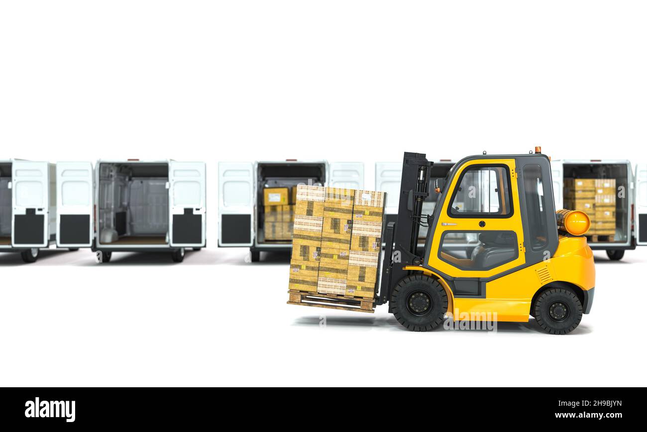 forklift with pallet to load on van. 3d render Stock Photo - Alamy