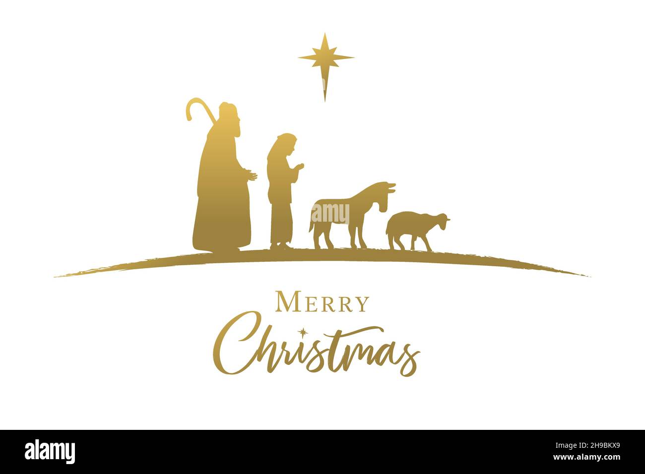 Shepherds, donkey and sheep golden silhouette, nativity scene. Merry ...