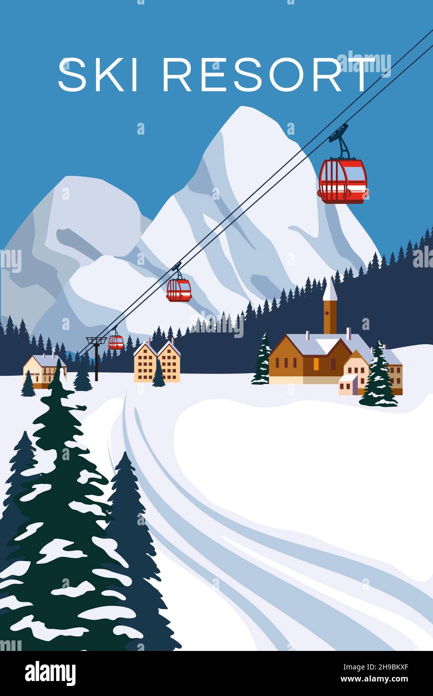 Mountain vintage winter resort village Alps, Switzerland. Snow ...