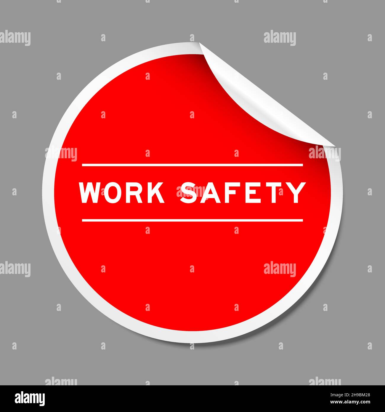 Red color peel sticker label with word work safety on gray background ...
