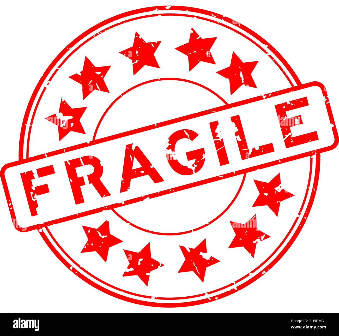 Grunge red fragile word with star icon round rubber seal stamp on white ...