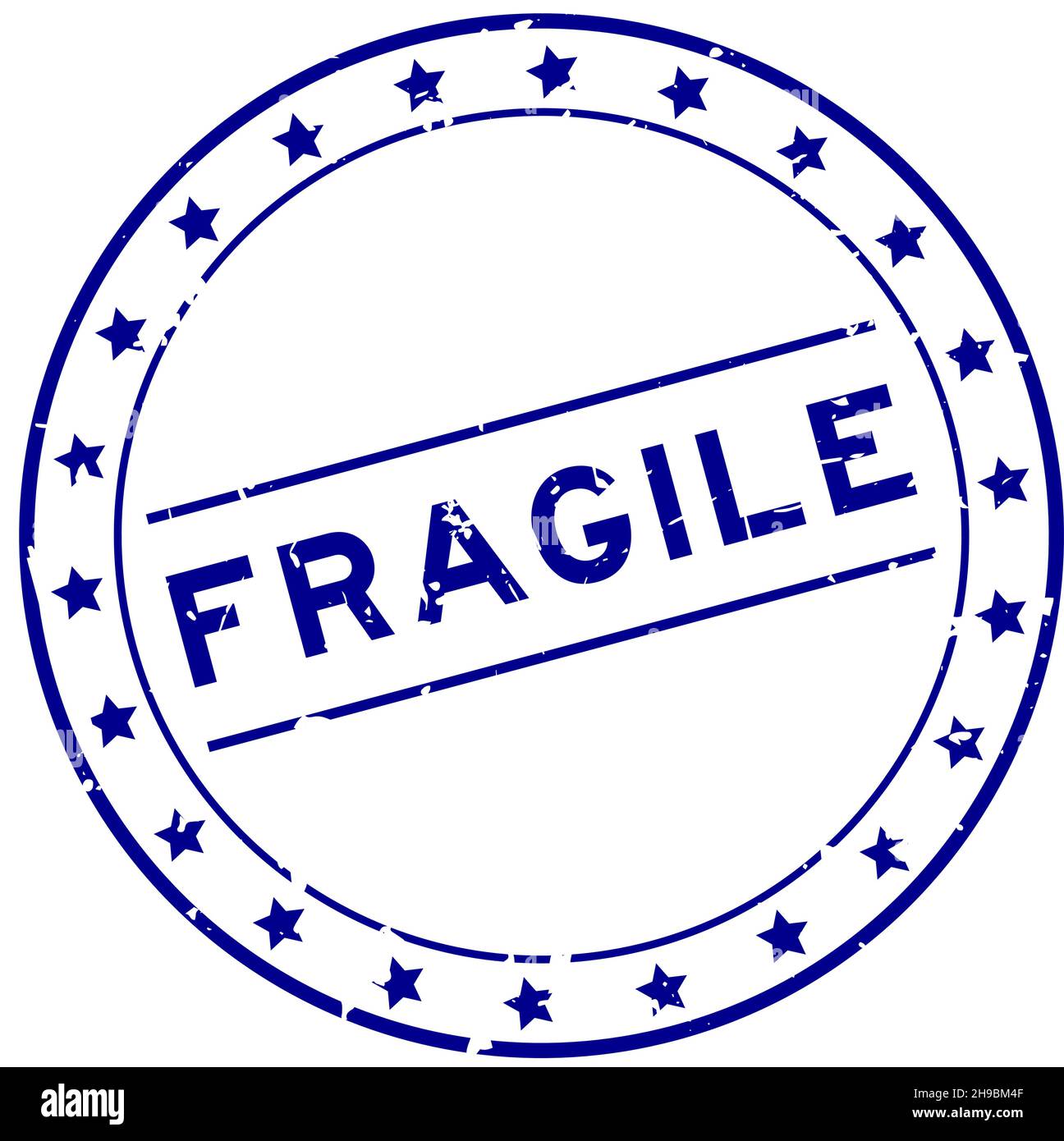 Grunge blue fragile word round rubber seal stamp on white background ...