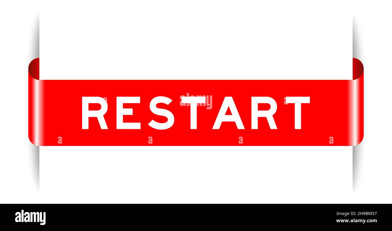 Red color inserted label banner with word restart on white background ...