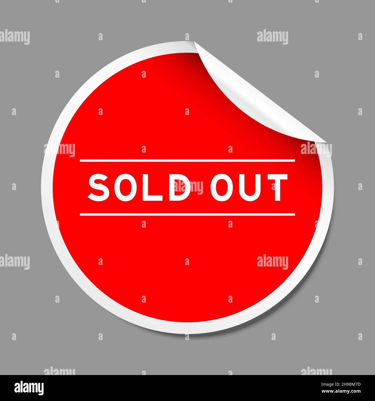 Red color peel sticker label with word sold out on gray background ...