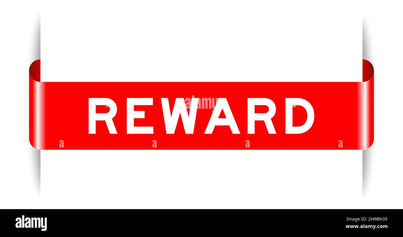 Red color inserted label banner with word reward on white background ...