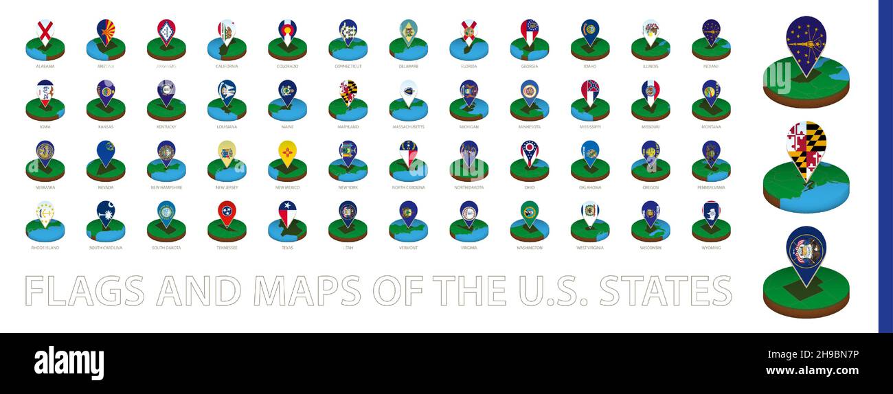 Isometric round map and point marker with flag, collection of U.S ...