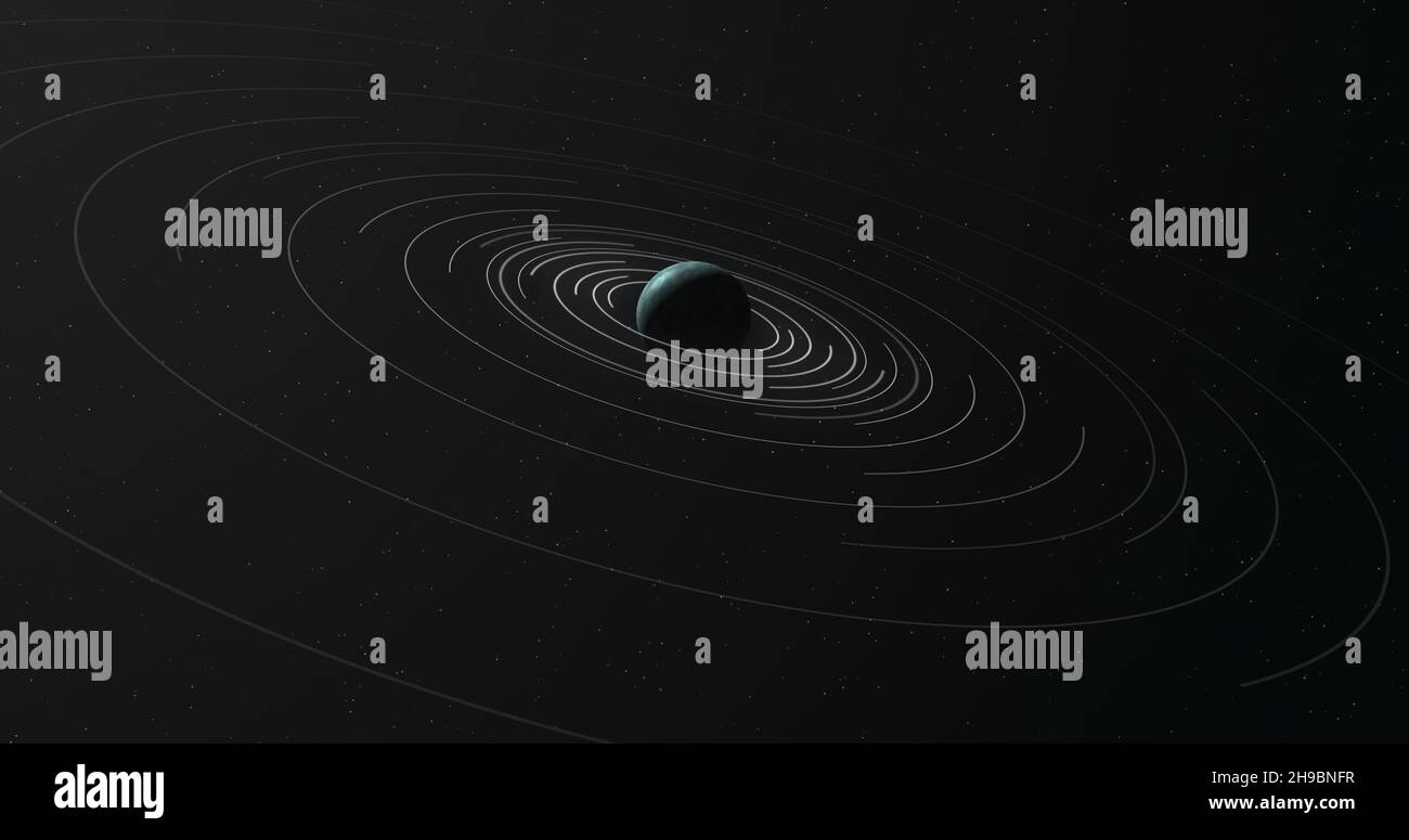 Blue planet with concentric white circles tracing orbits around it in ...