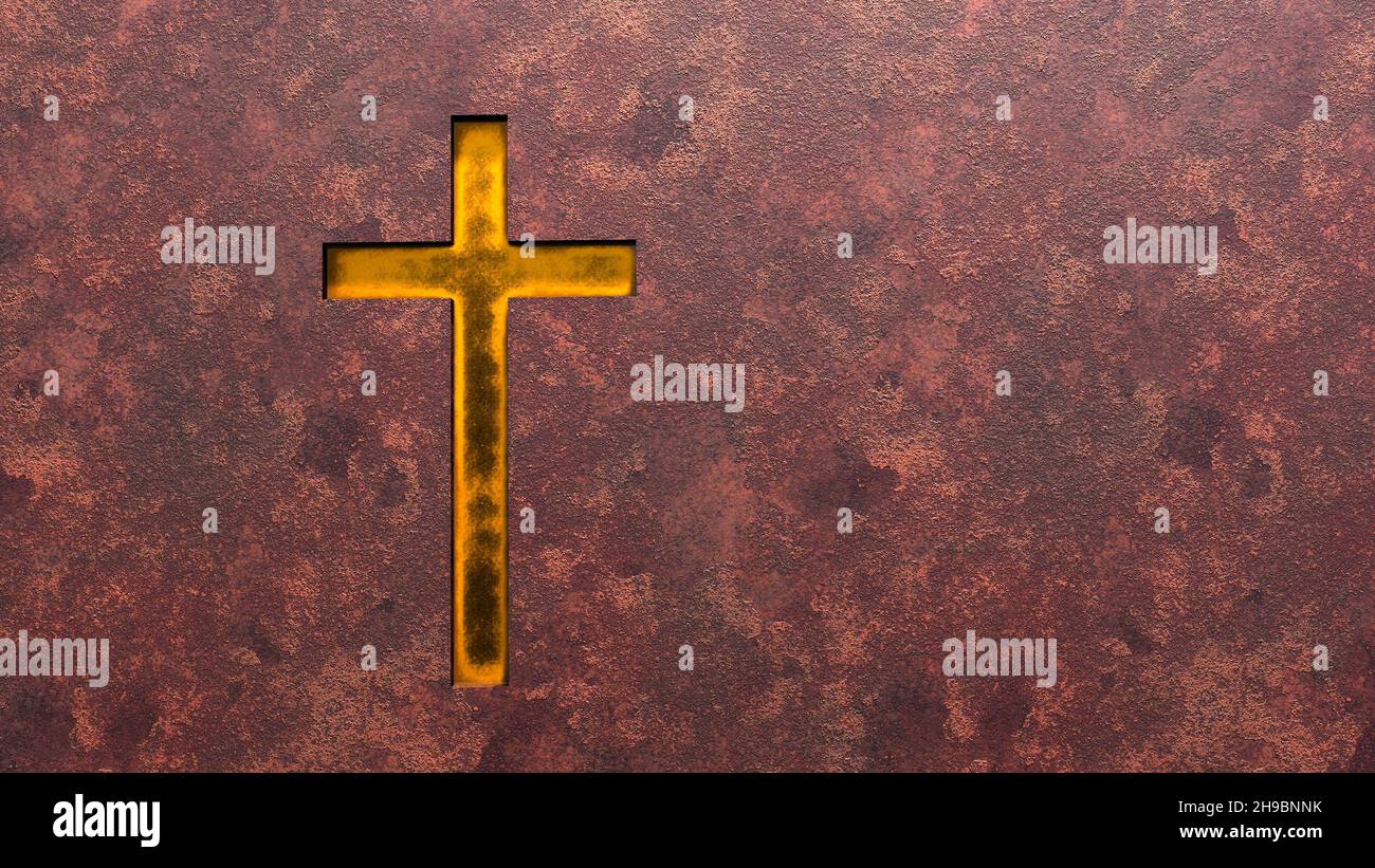 Concept or conceptual golden cross on a rusted corroded metal or steel ...