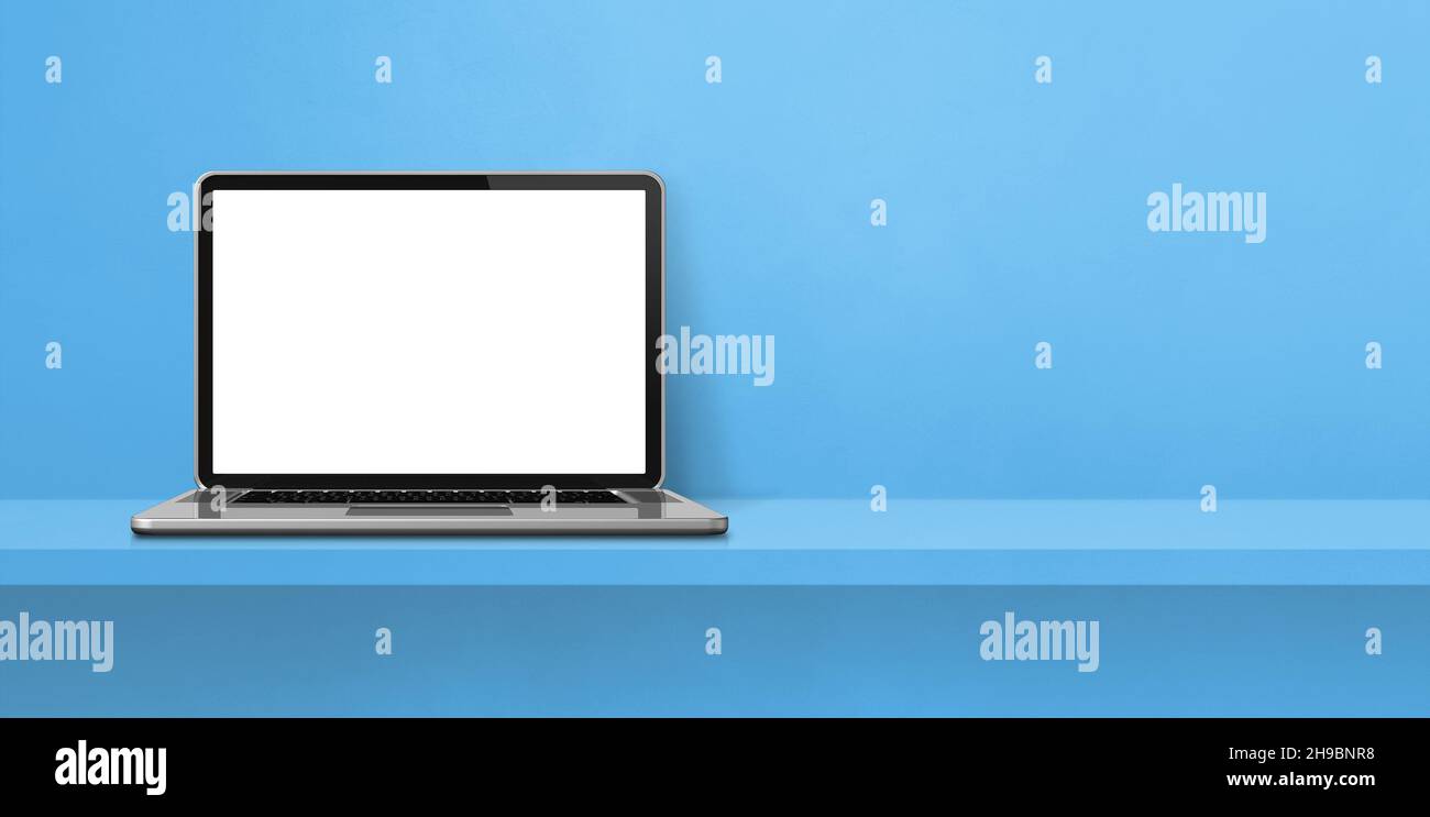 Laptop computer on blue shelf background banner. 3D Illustration Stock ...
