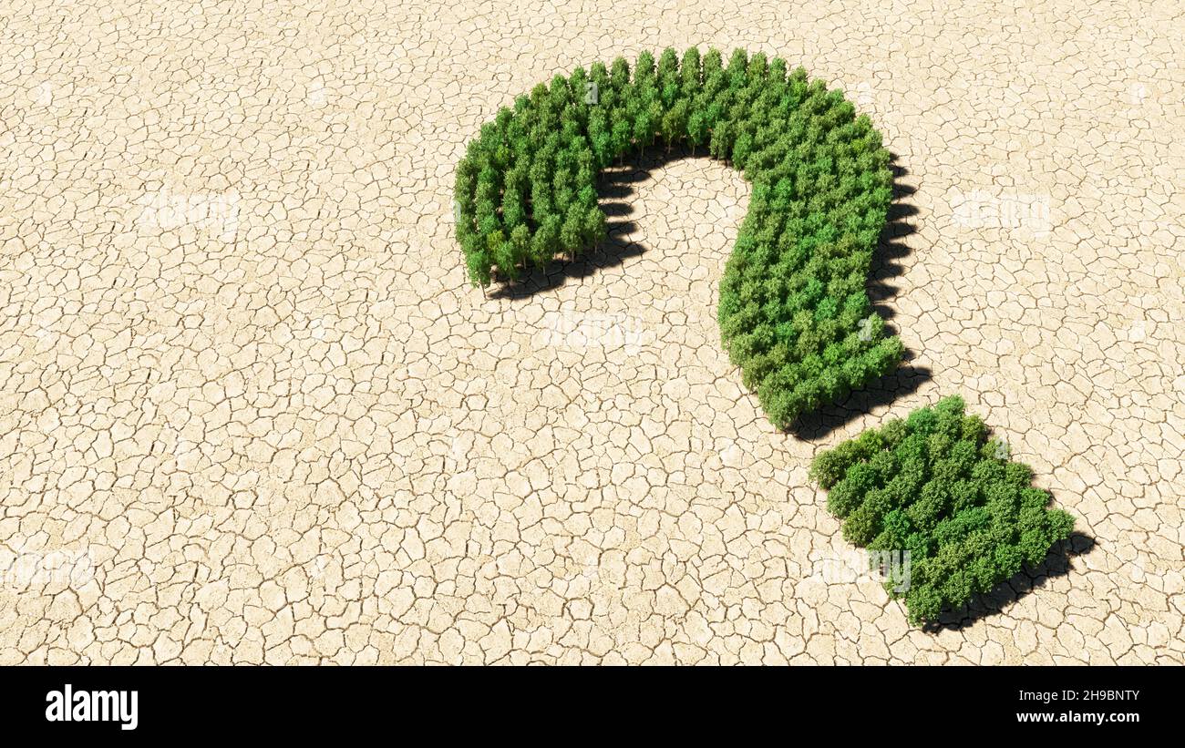 Concept or conceptual group of green forest tree on dry ground ...