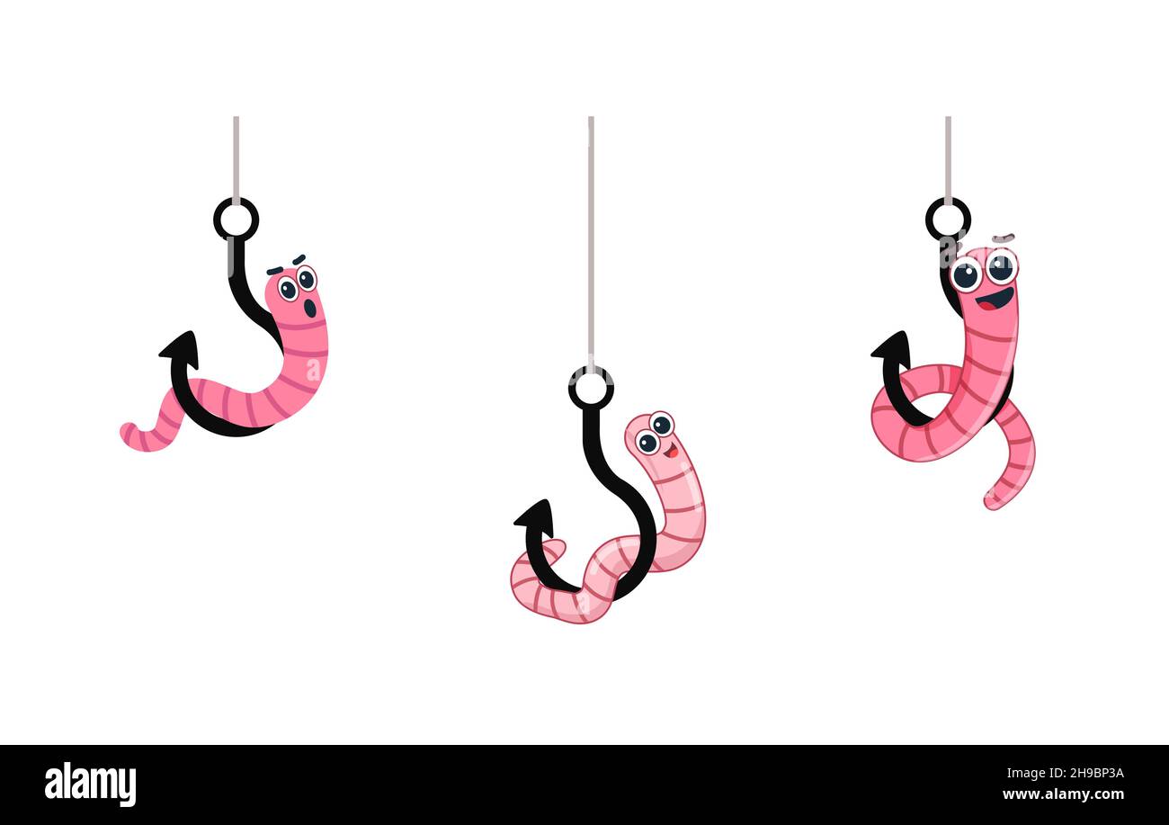 Set Cartoon worm on a hook. Emotion horror. vector illustration ...
