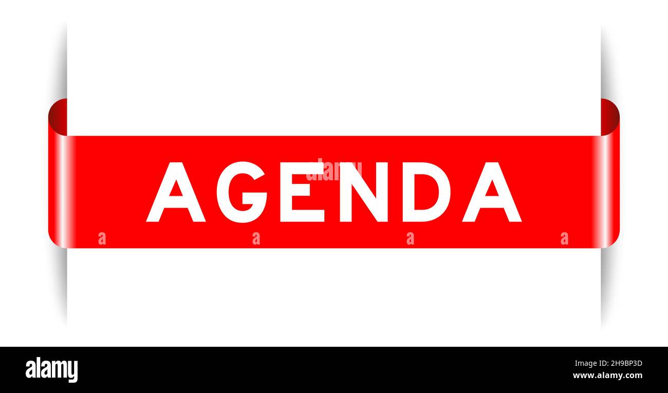 Red color inserted label banner with word agenda on white background ...