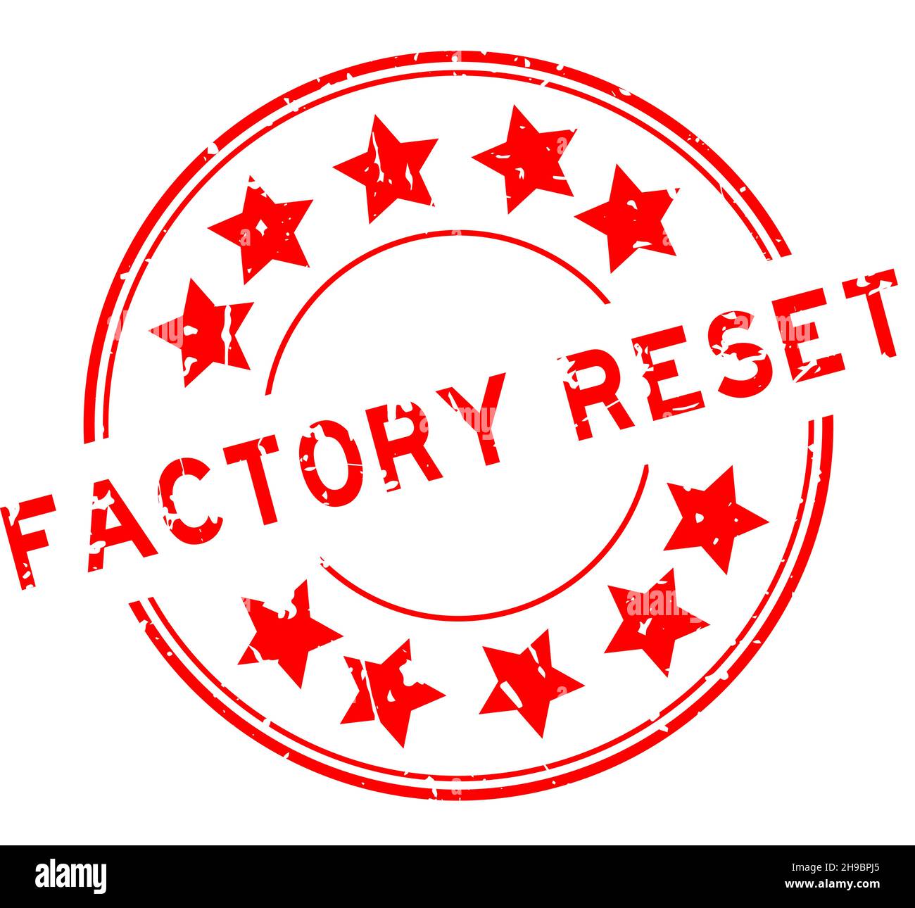 Grunge red factory reset word with star icon round rubber seal stamp on white background Stock ...